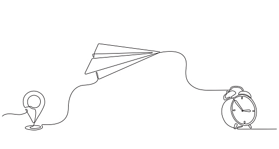Dessin Au Trait Continu Dun Avion Volant En Papier Relié À Un Réveil