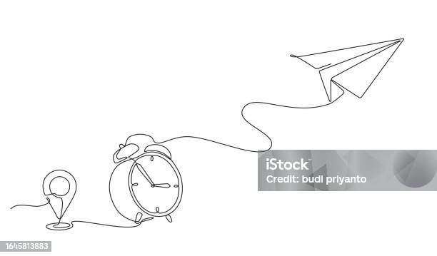 Dessin Au Trait Continu Dun Avion Volant En Papier Relié À Un Réveil