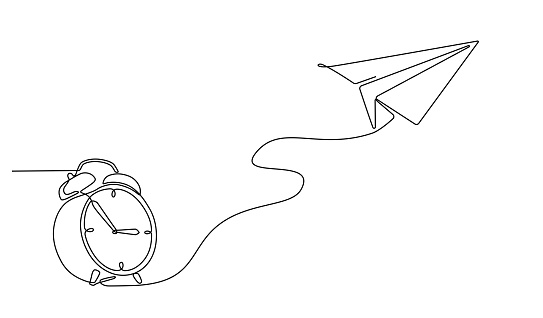 Dessin Au Trait Continu Dun Avion Volant En Papier Relié À Un Réveil