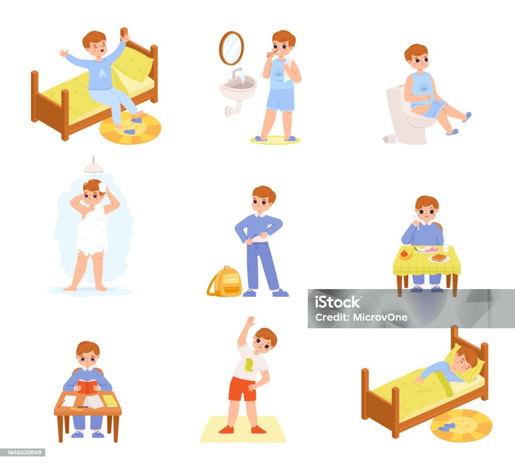 Ilustración de Actividades Diarias Para Niños Feliz Mañana Desayuno Y ... Ilustración de Actividades Diarias Para Niños Feliz Mañana Desayuno Y ...