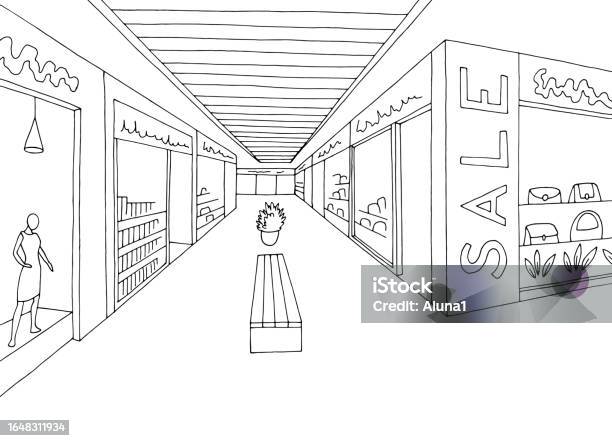Pusat Perbelanjaan Grafis Hitam Putih Interior Sketsa Ilustrasi Vektor