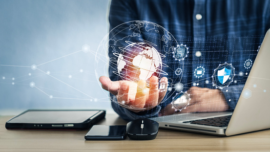 Businessman Uses Computer Concept Online Document Database Cyber Security File Access Automatic