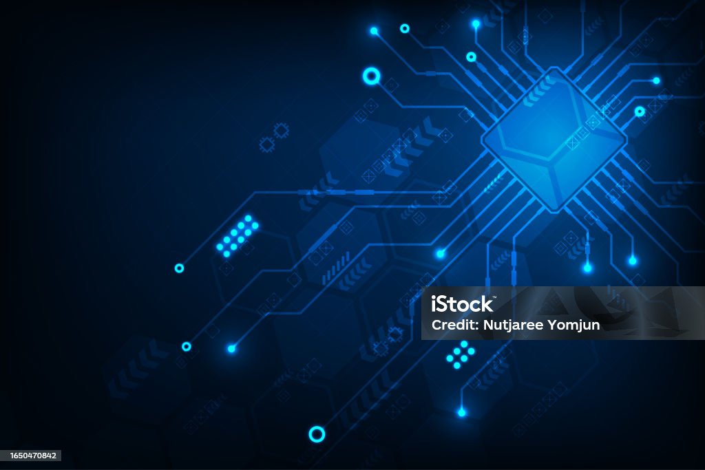 Vector Futuristic Microchip Cpu Circuit Board Blue Light Technology