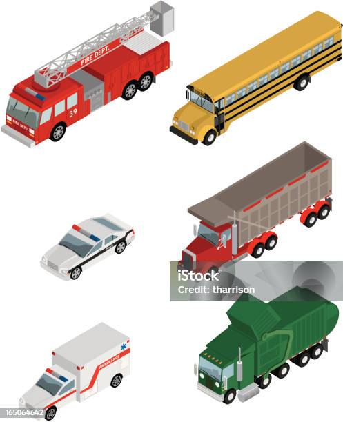 Vector Isometric Utility Vehicles向量圖形及更多等軸測投影圖片 等軸測投影 垃圾車 消防車 Istock