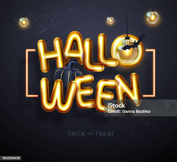 Halloween Holiday Background With 3d Gold Metallic Letters Pumpkin And