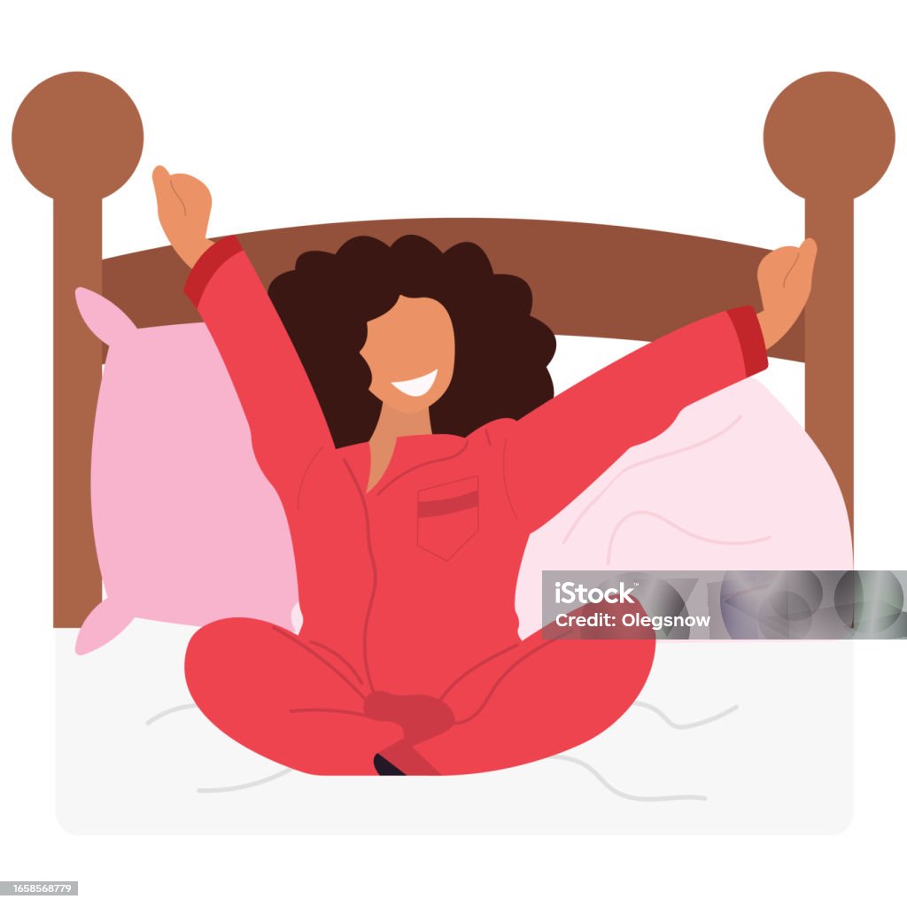 Girl Wakes Up Stretches Arms And Body Sitting On Bedflat Vector