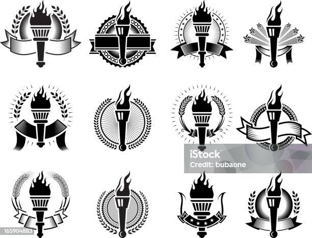 Torch Badges Black And White Royalty Free Vector Icon Set向量圖形及更多火炬圖片