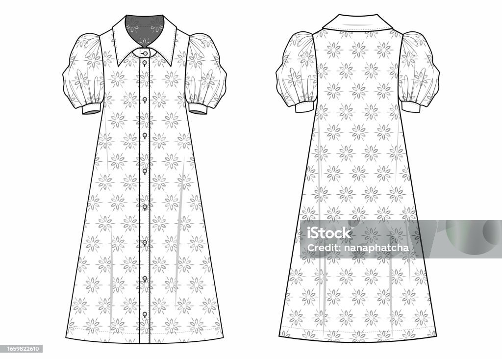 Flat Technical Drawing Template Dress With Lace Fashion Details Stock