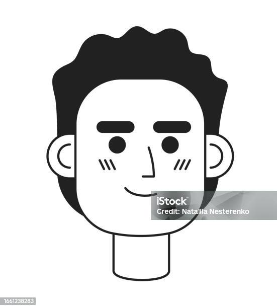 Happy Curly Haired Man Monochrome Flat Linear Character Head Stock