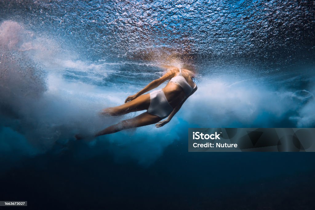 Woman Dive Under Ocean Wave Duck Dive Under Crashing Barrel Wave In