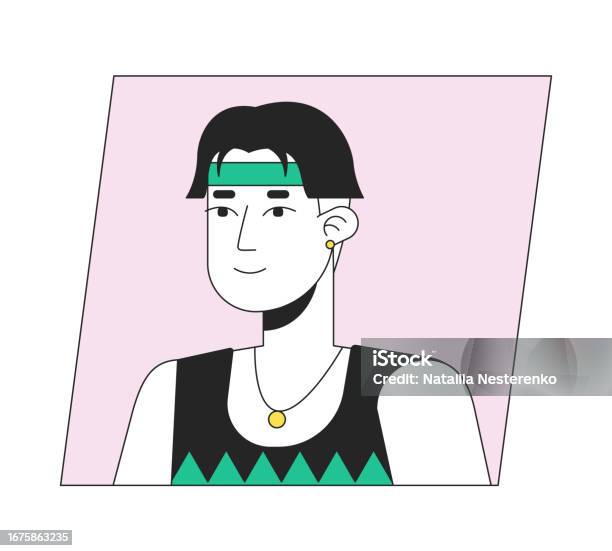 Handsome Asian Man With Black Hair Flat Color Cartoon Avatar Icon Stock