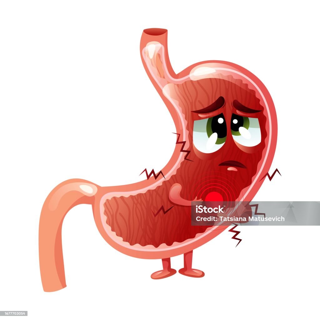 Sad Cartoon Stomach Character With Inflammation Stock Illustration