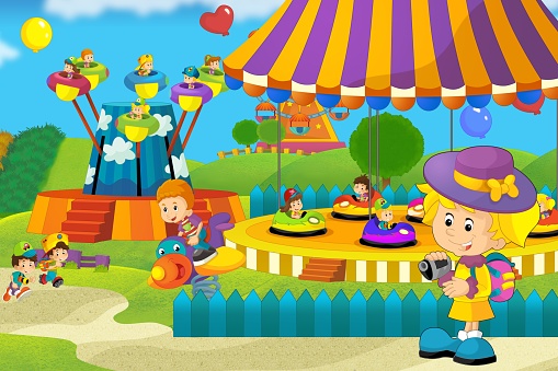 Scène De Dessin Animé Avec Des Enfants Jouant Au Parc Dattractions