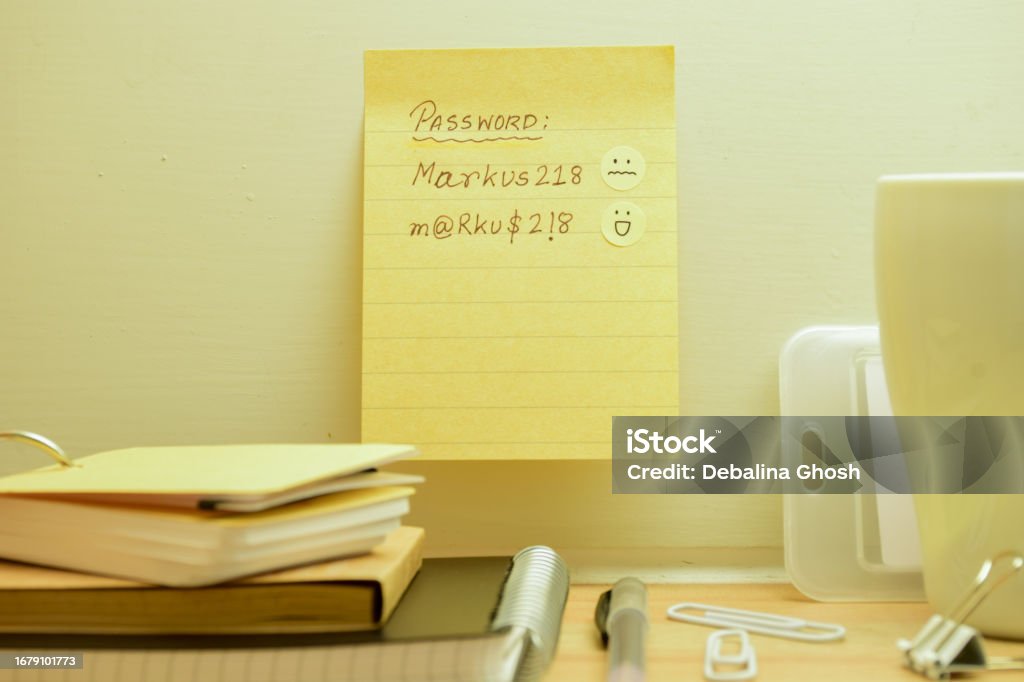 Office Desk With The Strong Password Suggestion Memo On Sticky Note