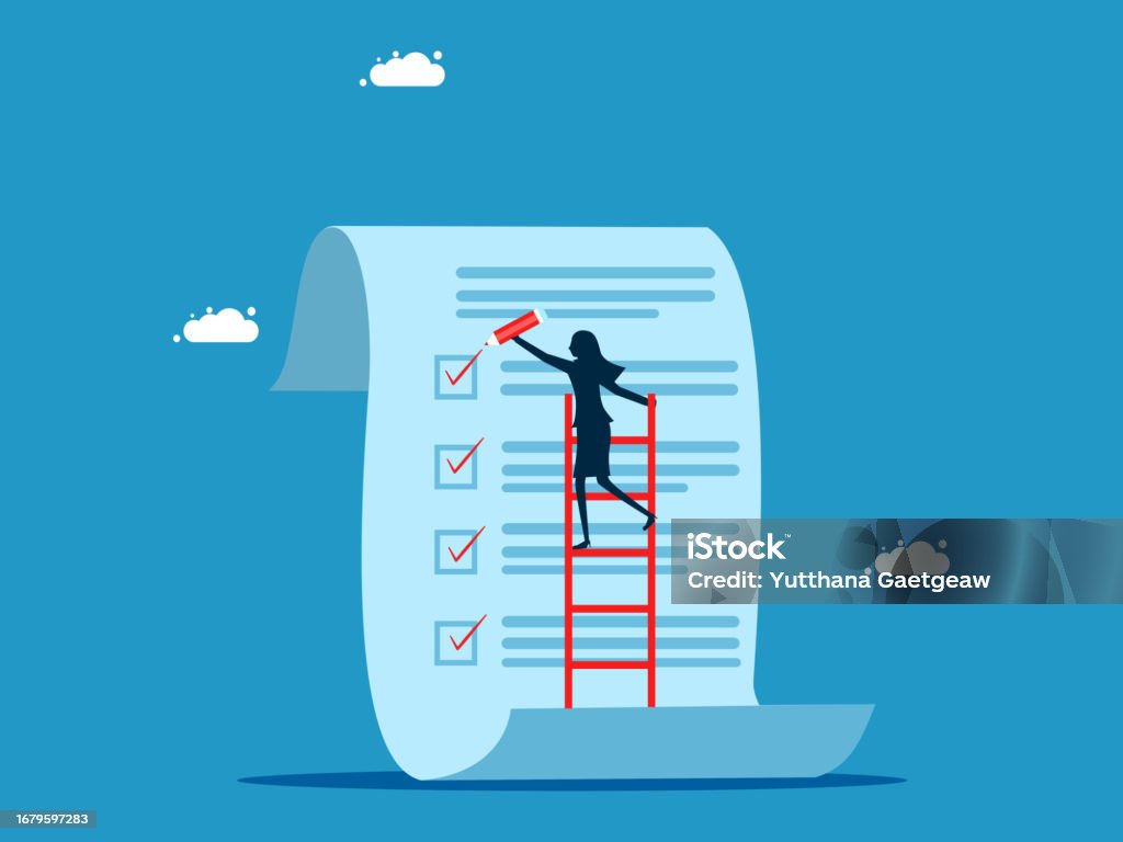 Work Progress Businesswoman Holding A Pencil Climbs The Stairs To Check