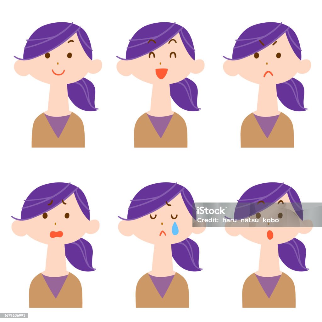 6 Types Of Facial Expressions Of A Woman With Her Hair Tied Up Upper Body Stock Illustration