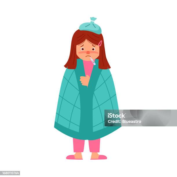 Sick Cute Girl With Fever Wrapped In Warm Blanket And A Thermometer In Mouth On White Background