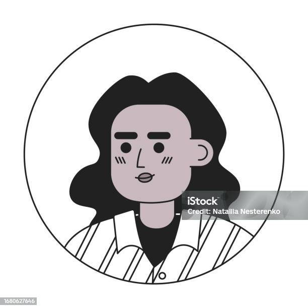 Long Haired Brunette Woman Monochrome Flat Linear Character Head Stock