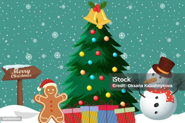 Kartu Natal Dengan Manusia Salju Pohon Natal Dan Roti Jahe Gaya Kartun
