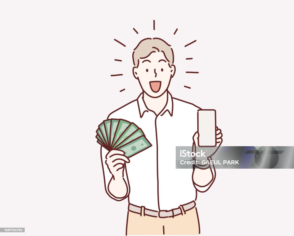 Businessman Holding Smartphone And Dollars Stock Illustration