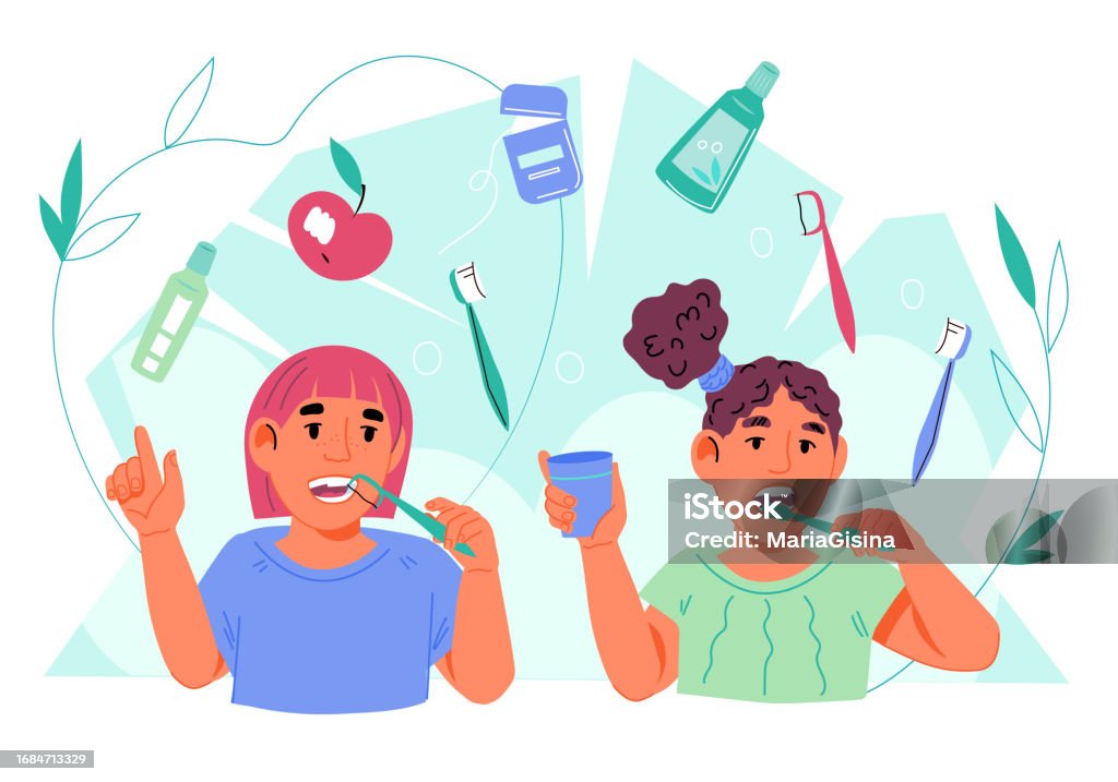 Chldren Brushing Their Teeth Vector Illustration Isolated On White