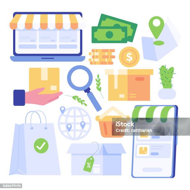Belanja Online Ecommerce Dan Ecommerce Ilustrasi Datar Ikon Belanja