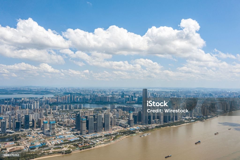 Aerial View Of Wuhan Skyline In China With Modern Skyscrapers Along The ... Aerial View Of Wuhan Skyline In China With Modern Skyscrapers Along The ...
