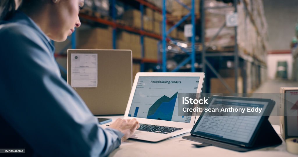 Woman Warehouse And Laptop Screen For Data Analytics E Commerce Report ... Woman Warehouse And Laptop Screen For Data Analytics E Commerce Report ...