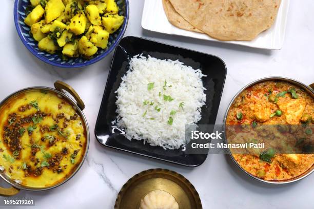 Indian Vegetarian Thali Or Platter Includes Aloo Ki Sabji Dal Rice Roti