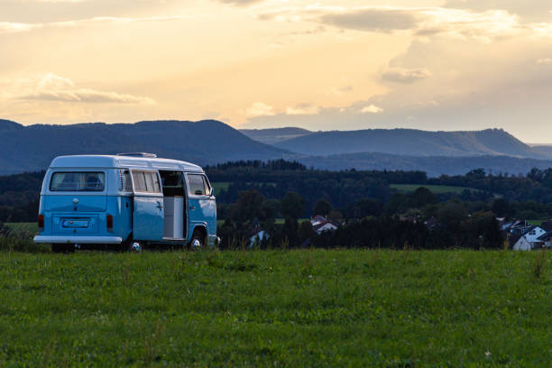 Free picture: A luxury dark-blue and gold camper bus on a dirt road in ...