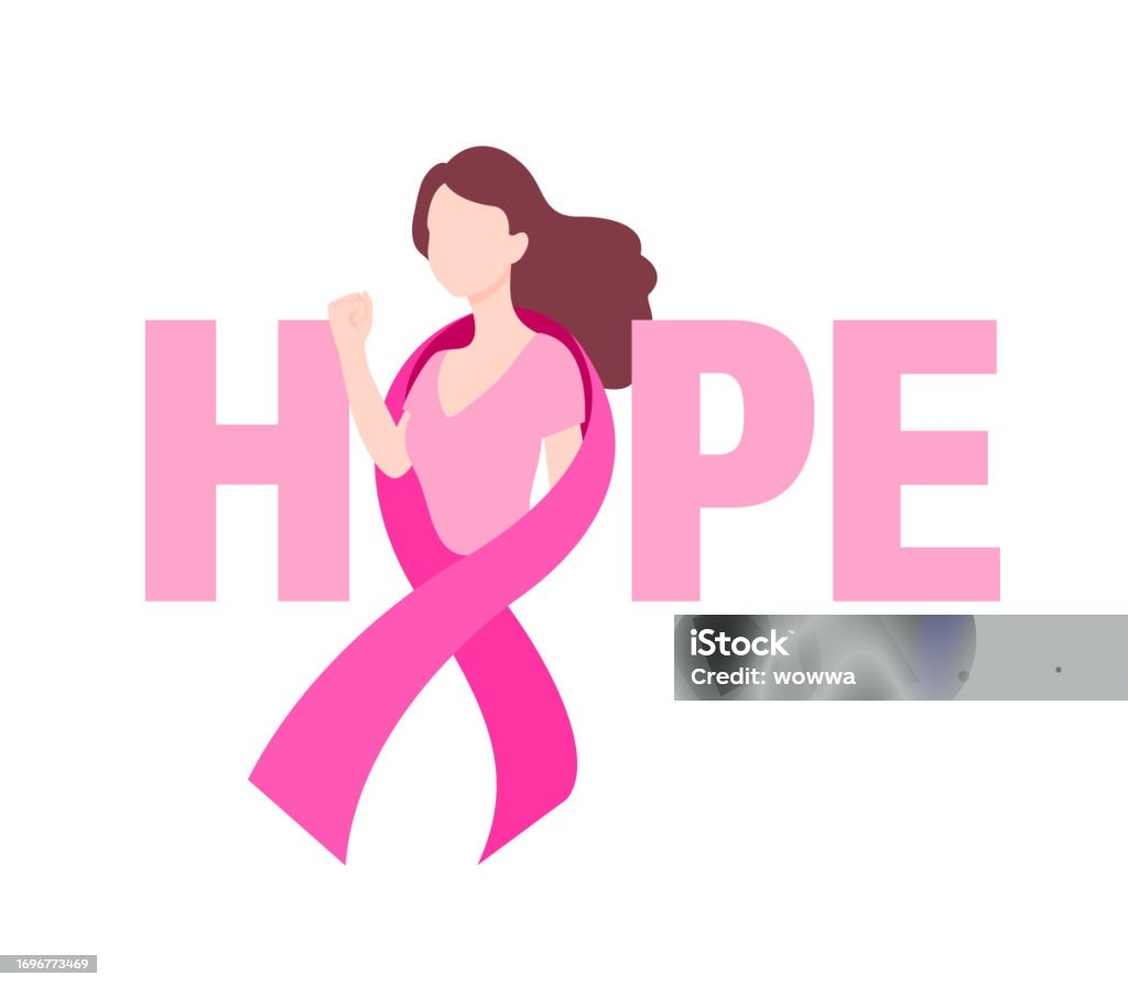Hope Lettering Design With Pink Ribbon And A Fighting Woman Stock