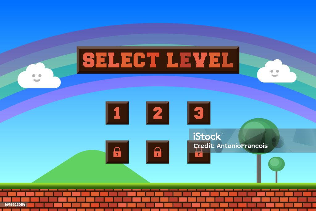 Arcade Adventure Game Level Select Screen With Grass Terrain Sky Clouds