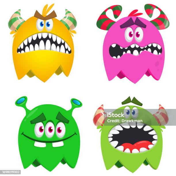 Funny Cartoon Monsters Set With Different Face Expressions Vector