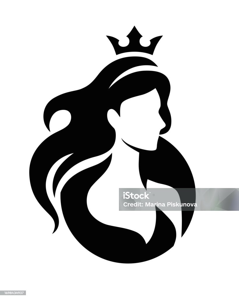 Elegant Luxury Logo With Beautiful Face Of Young Adult Woman With Long Hair Princess Queen Crown