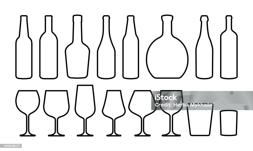 Set Of Linear Alcohol Bottles And Glasses Vector Icons Line Black