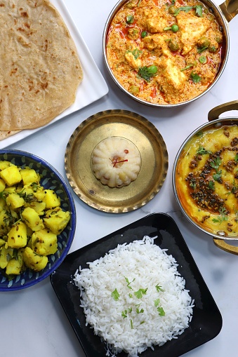Indian Vegetarian Thali Or Platter Includes Aloo Ki Sabji Dal Rice Roti