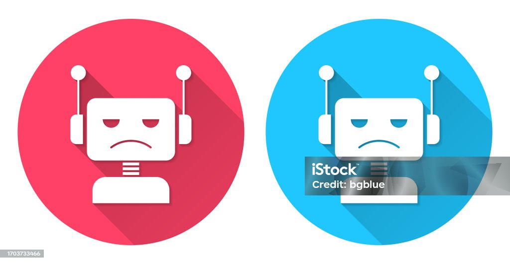 Triste Bot Tête De Robot Icône Ronde Avec Une Longue Ombre Sur Fond