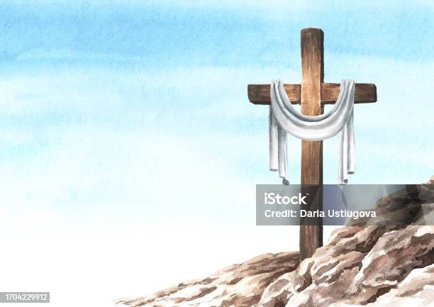 Croix Sainte En Bois Sur Le Mont Golgotha Illustration À Laquarelle
