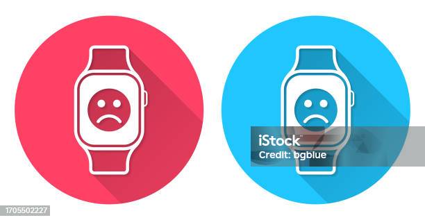 Smartwatch Avec Emoji Triste Icône Ronde Avec Une Longue Ombre Sur Fond