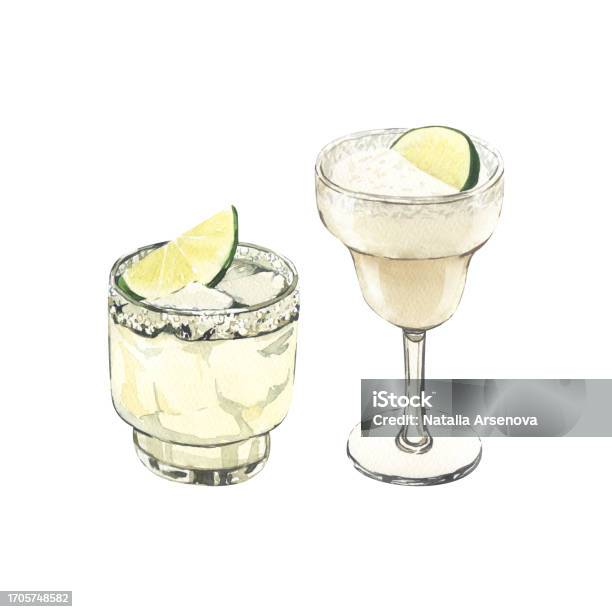 Watercolor Summer Cocktail Spicy Lime Slushy Margarita And Tequila