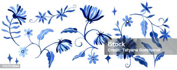 Dessin À Laquarelle Serti De Fleurs Bleues Fantastiques Sur Fond Blanc