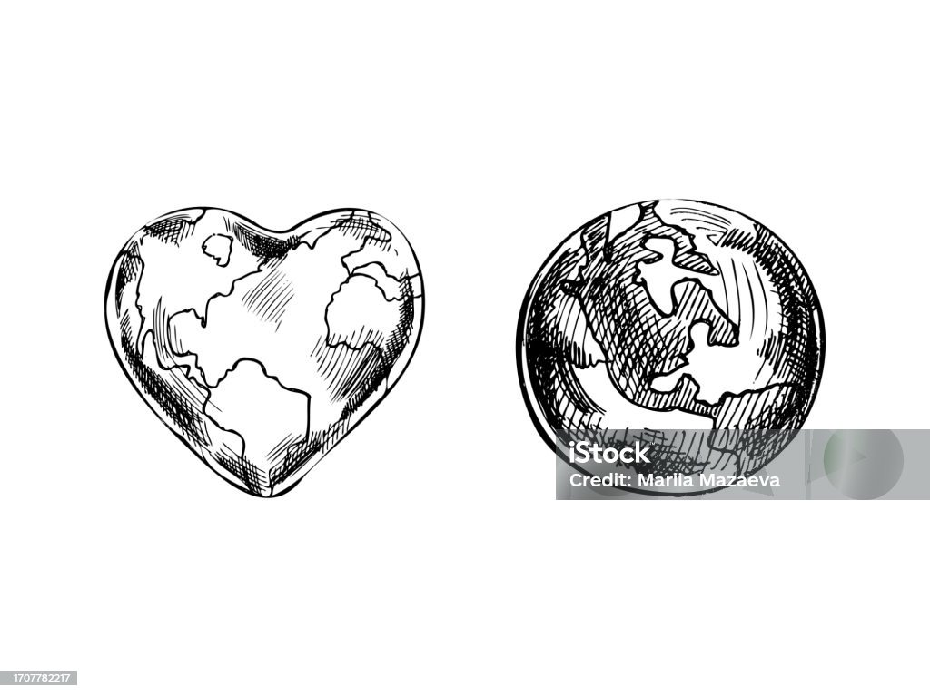 Handdrawn Sketch Collection Of Planet Earth And Heart Shaped Earth