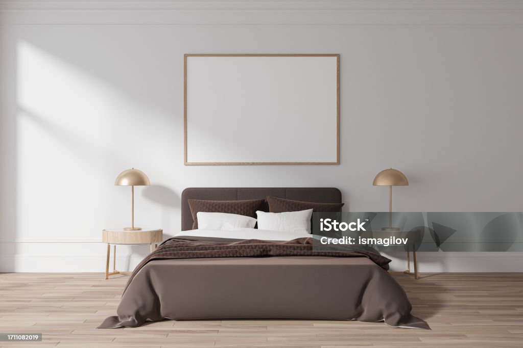 Cozy Hotel Bedroom Interior With Bed Nightstand And Lamp Mockup Frame