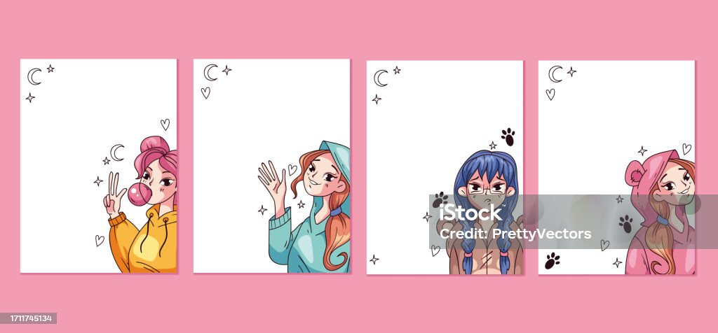 Vetores De Anime Mangá Bonito Kawaii Meninas Personagens Posters