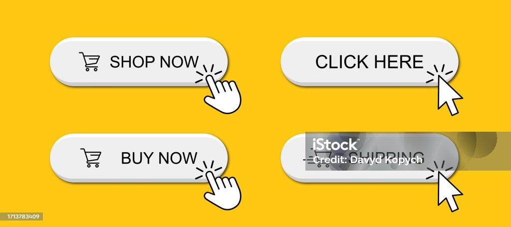 3d Click Here Web Buttons Set Of Action Button Hand Cursor And Arrow