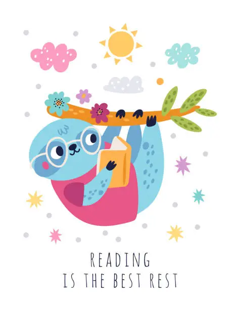 Sloth Reading Book Royalty Free Stock Svg Vector And Clip Art