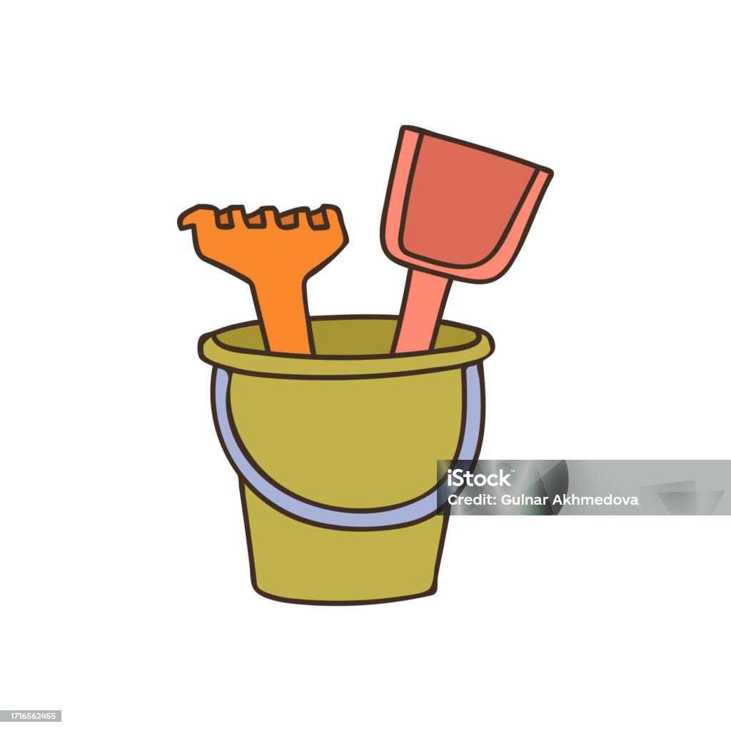 Ilustración de Cubo Con Pala Y Rastrillo Objeto De Juguete Para Que Los ... Ilustración de Cubo Con Pala Y Rastrillo Objeto De Juguete Para Que Los ...