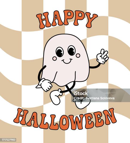 ベクターレトロなグルーヴィーな漫画の幽霊とハロウィーンのレタリング 1960~1969年のベクターアート素材や画像を多数ご用意