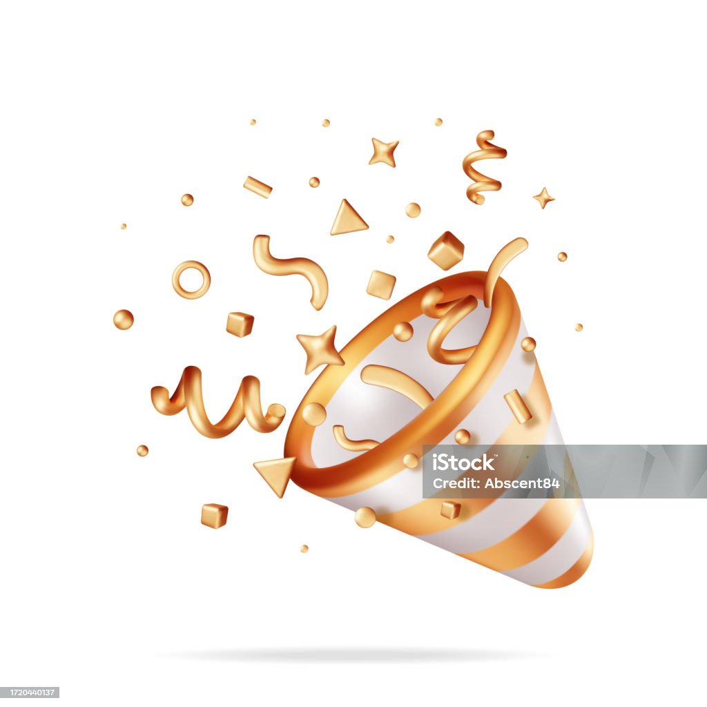 Ilustración de Popper De Fiesta Dorado 3d Con Confeti y más Vectores ... Ilustración de Popper De Fiesta Dorado 3d Con Confeti y más Vectores ...