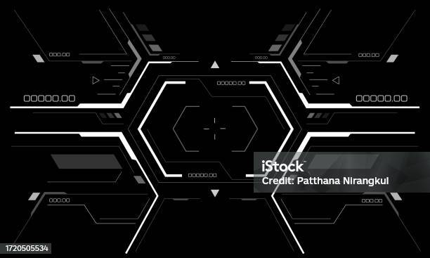 Tampilan Layar Antarmuka Scifi Hud Geometris Putih Pada Desain Hitam
